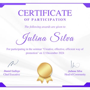 Editable Certificate of Participation, Participation Award Template ...