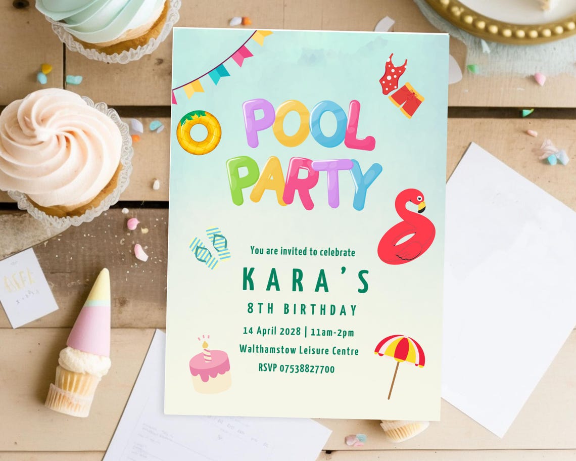Children Colourful Swimming Pool Party Invitation | Any Age | Easy to ...