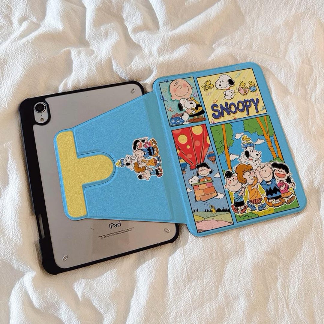 Snoopy Peanuts Cartoon iPad Case Cute Blue Comic Strip Cover for Apple ...