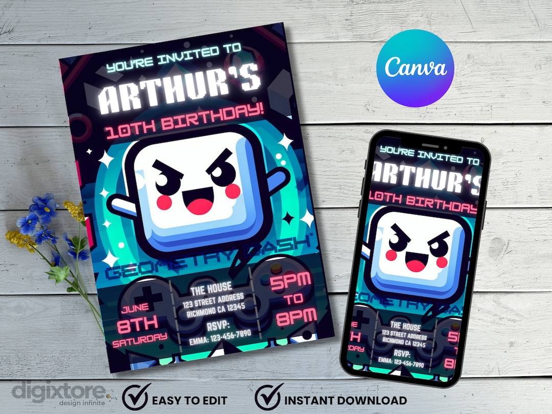Geometry Dash Birthday Invite Instant Download Gamer Party Template ...