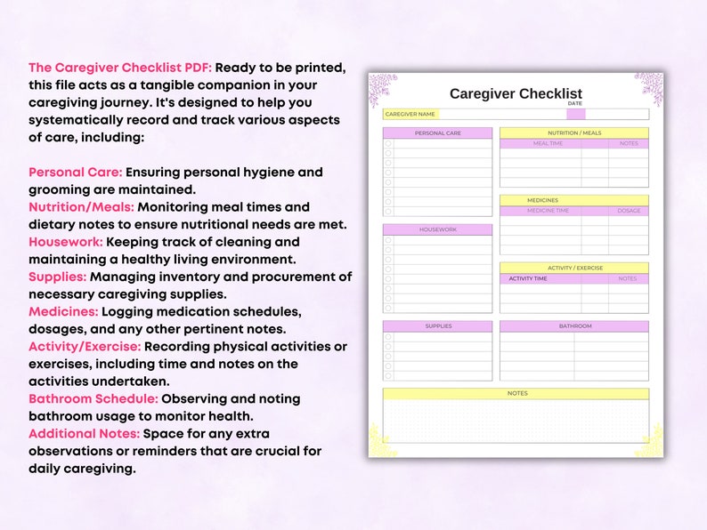 Comprehensive Caregiver Checklist Caregiving Organizer, Daily Care Plan ...