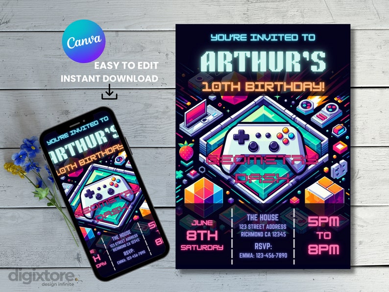 Editable Geometry Dash Birthday Invite Instant Download Gamer Party ...