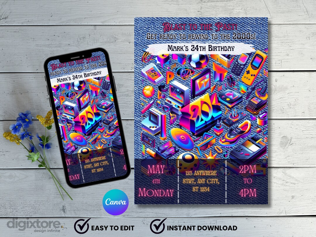 Early 2000s Themed Party Invitation, Editable 2000s Birthday Party ...