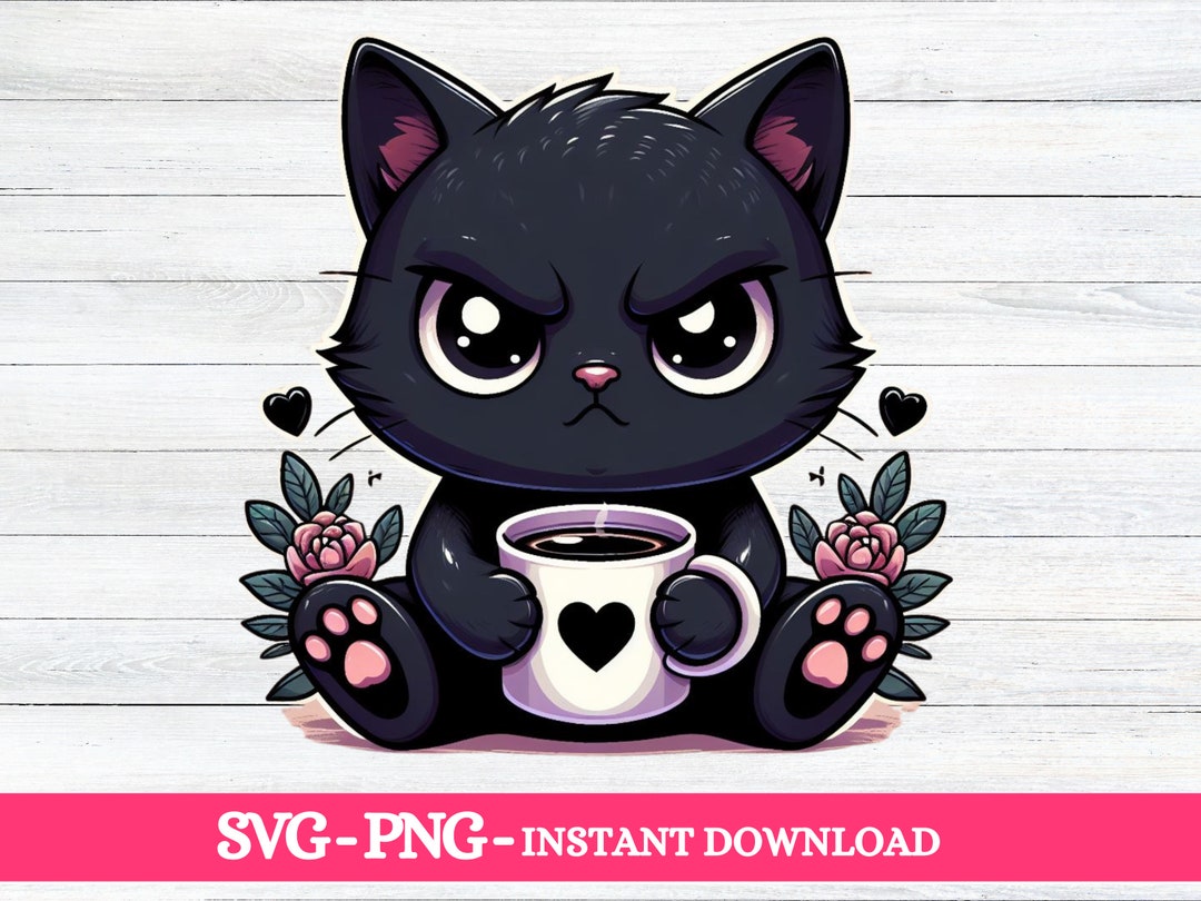 Grumpy Coffee Cat SVG Quirky Cat PNG Art Cat Lover Craft Image Feline ...