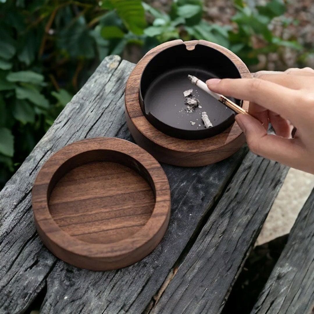 Wooden Ashtray With Lid Smokers Stainless Steel Liner Windproof Ashtray ...