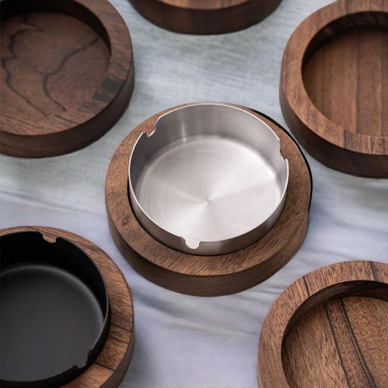 Wooden Ashtray With Lid Smokers Stainless Steel Liner Windproof Ashtray ...