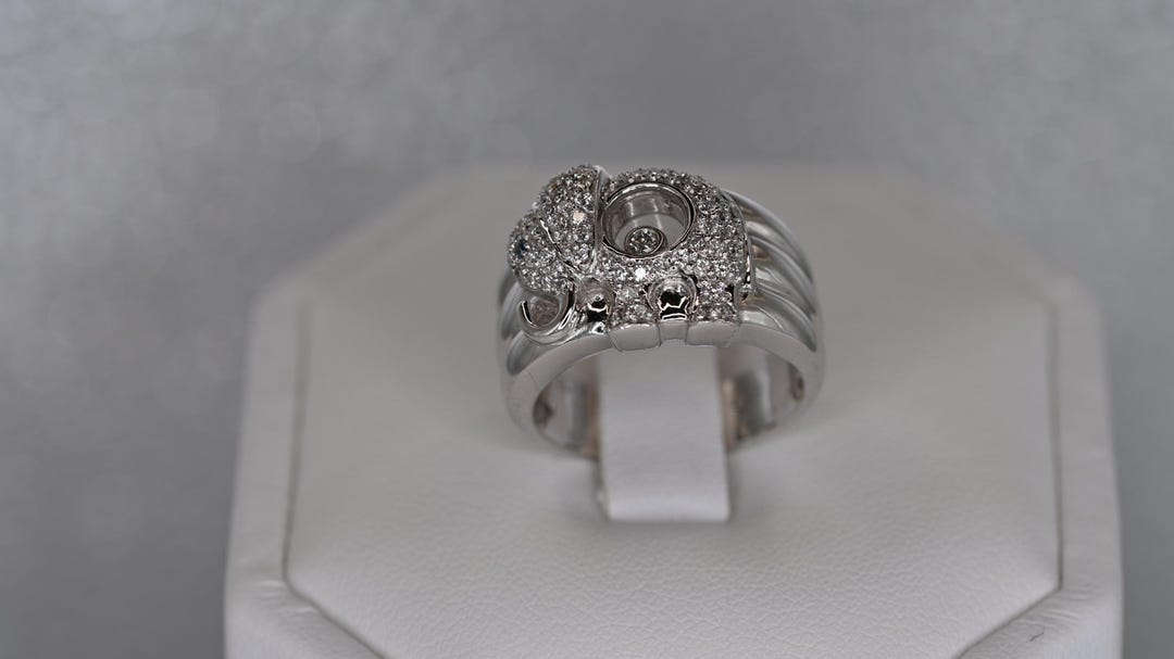 18K White Gold Diamond Elephant Ring – Floating Diamond Eye, Sapphire ...