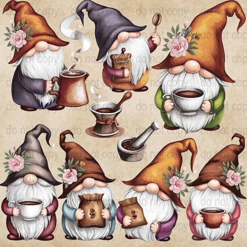 Coffee Gnomes PNG, Watercolor Gnomes Pack, Digital Download, Coffee ...