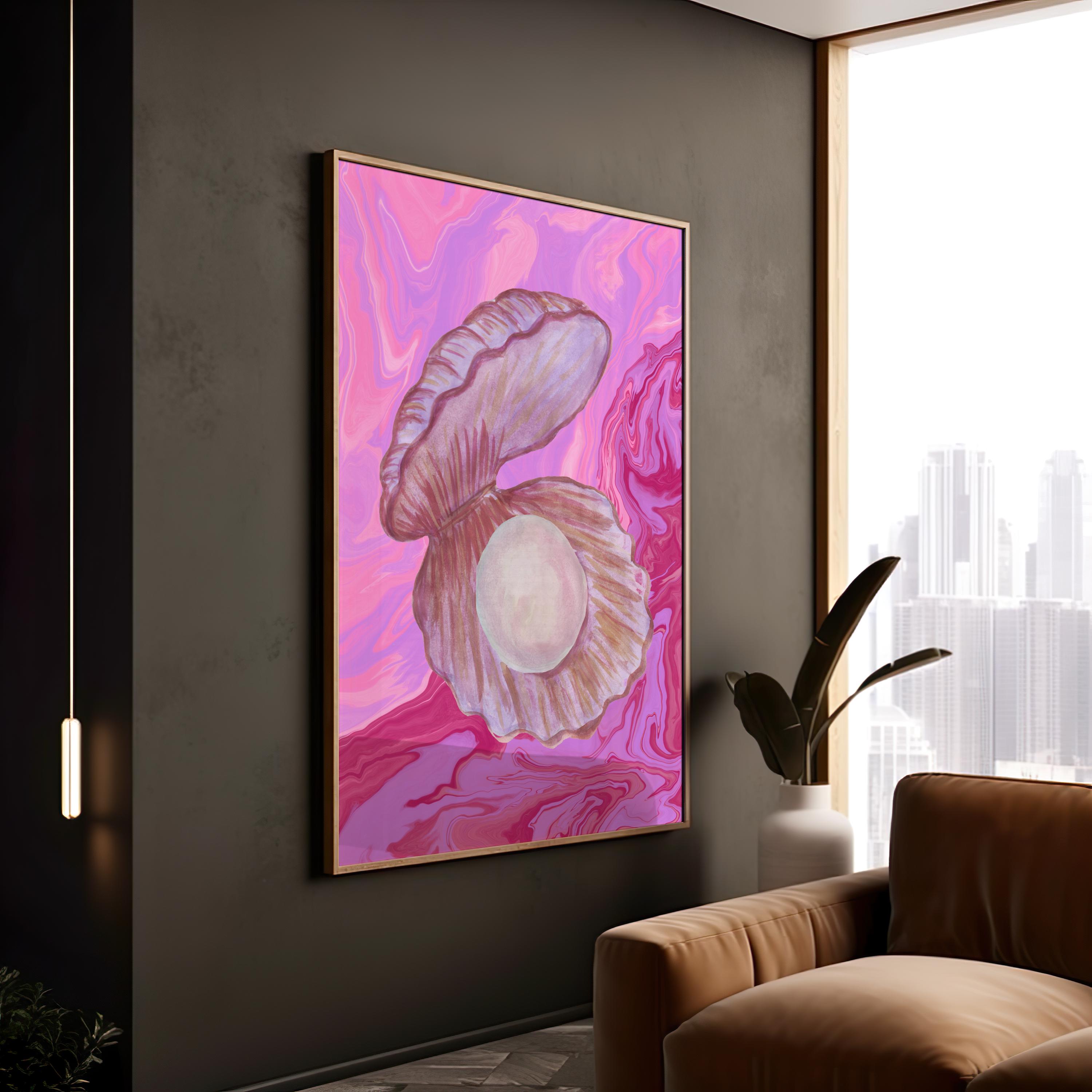 Seashell Poster, Pastel Beach Print, Coastal Decor, Hot Pink Poster ...