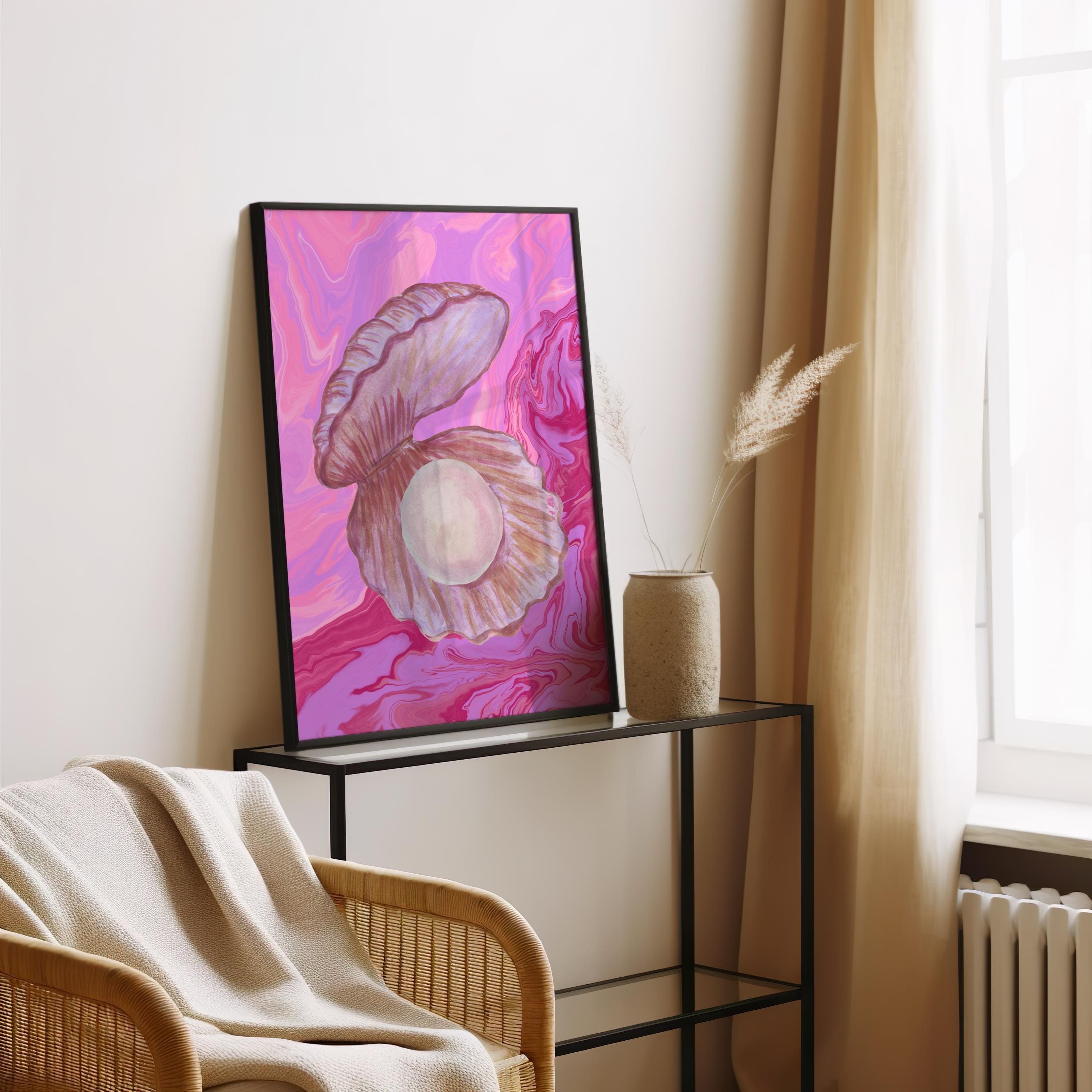 Seashell Poster, Pastel Beach Print, Coastal Decor, Hot Pink Poster ...
