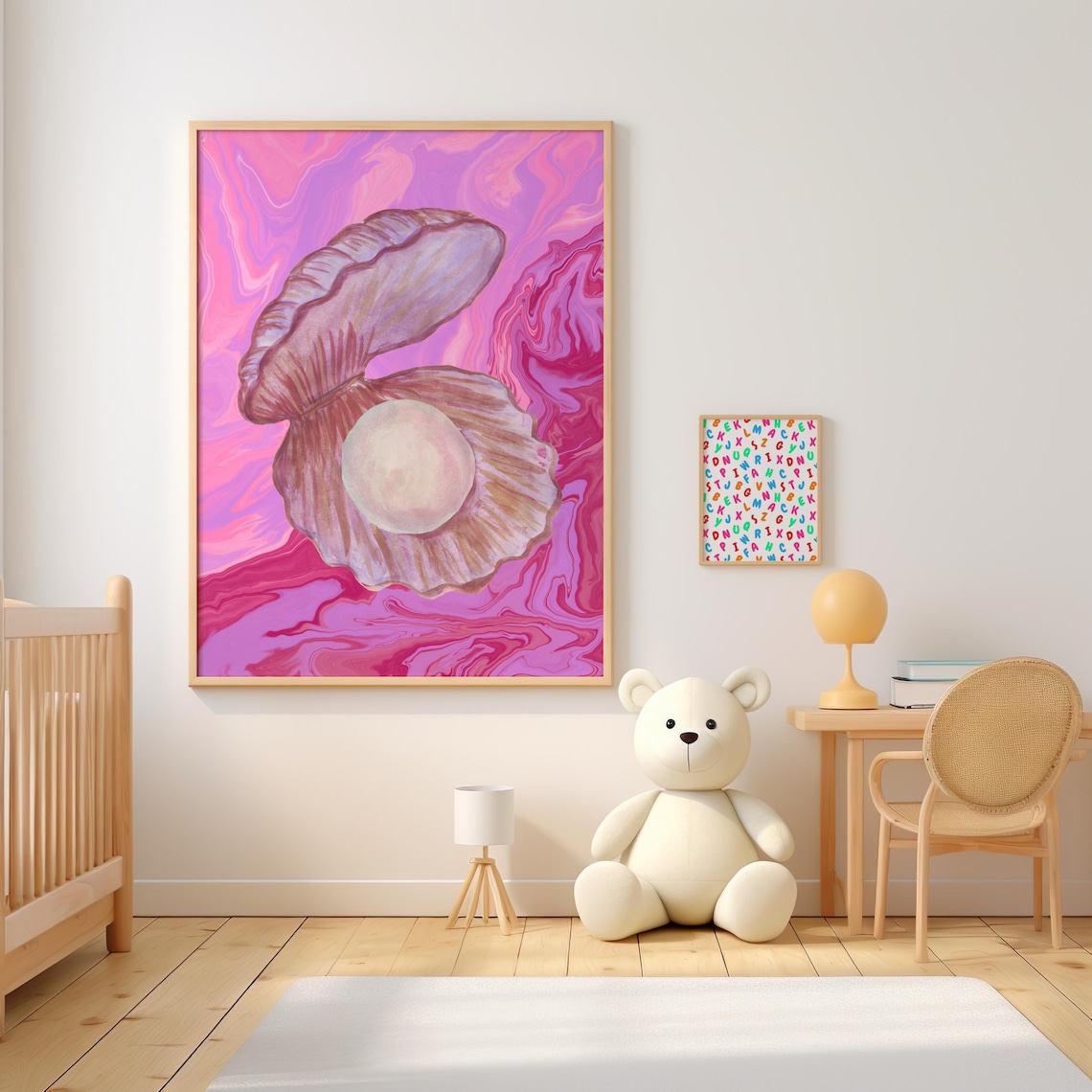 Seashell Poster, Pastel Beach Print, Coastal Decor, Hot Pink Poster ...