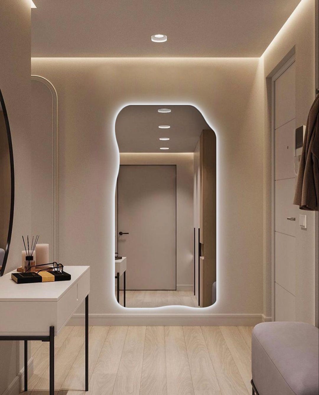 Asymmetrical Backlit Floor Mirror Large Wavy Mirror Full Length Arc ...