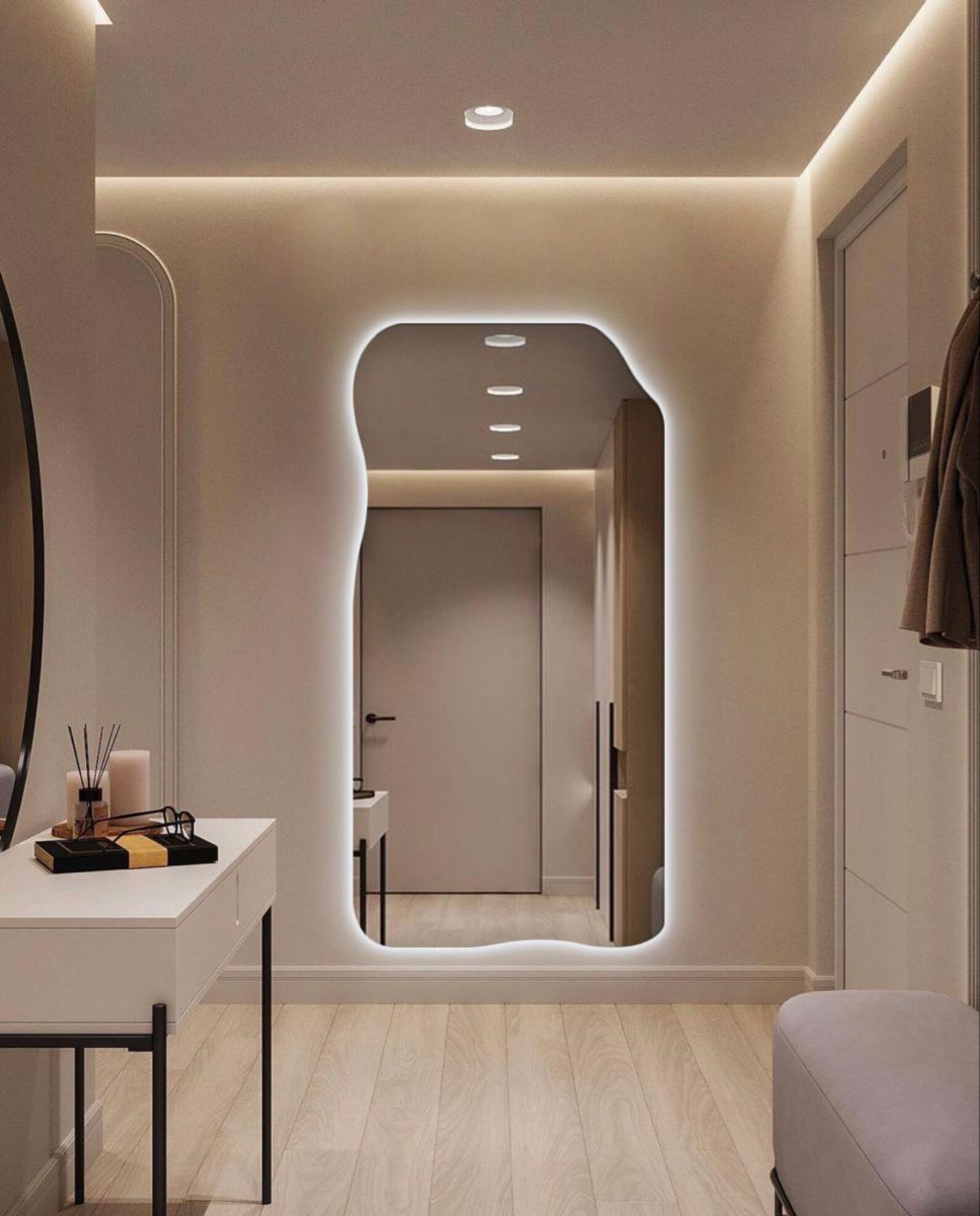 Asymmetrical Backlit Floor Mirror Large Wavy Mirror Full Length Arc ...