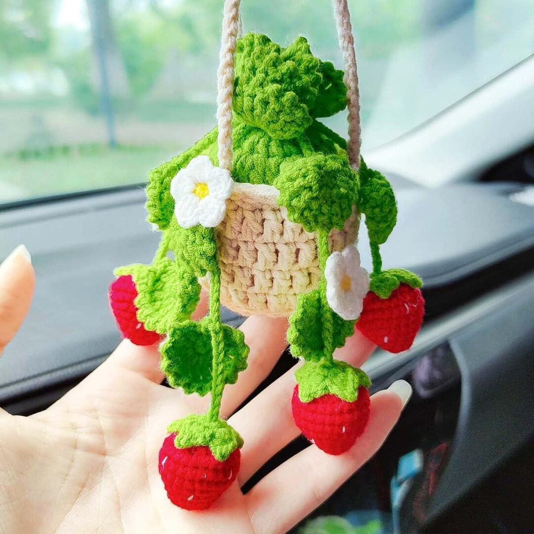 Strawberry Pot Car Hanging Accessories, Cute Crochet Flower Car ...