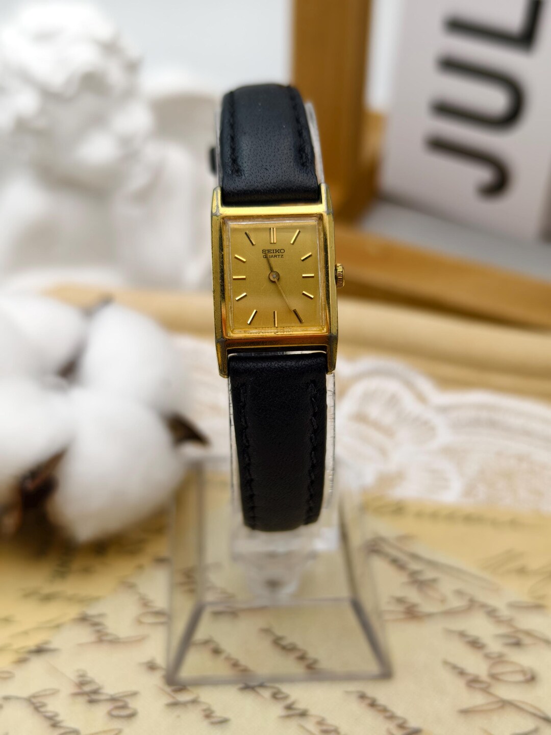 Vintage 1980s Seiko Ladies Gold Tone Quartz Watch Black Strap ...