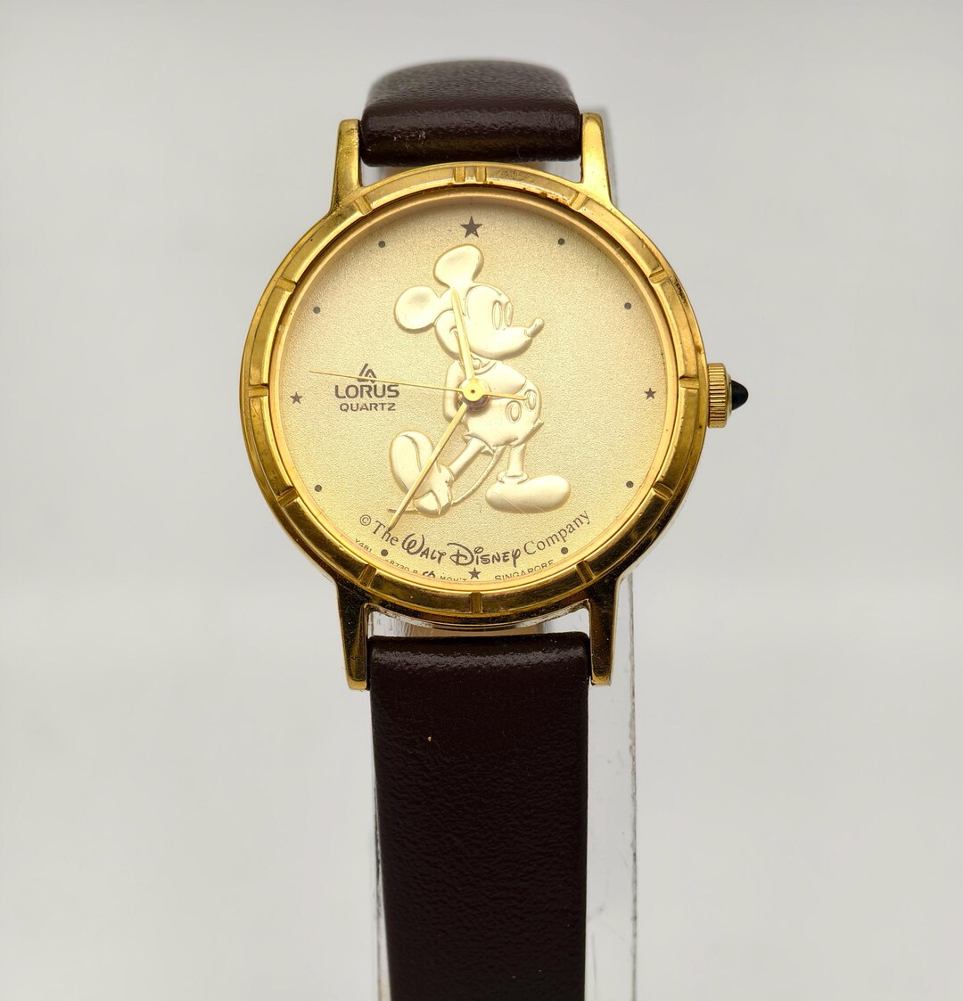 Vintage 1980s Lorus Disney Mickey Mouse Gold Tone Quartz Watch Brown ...