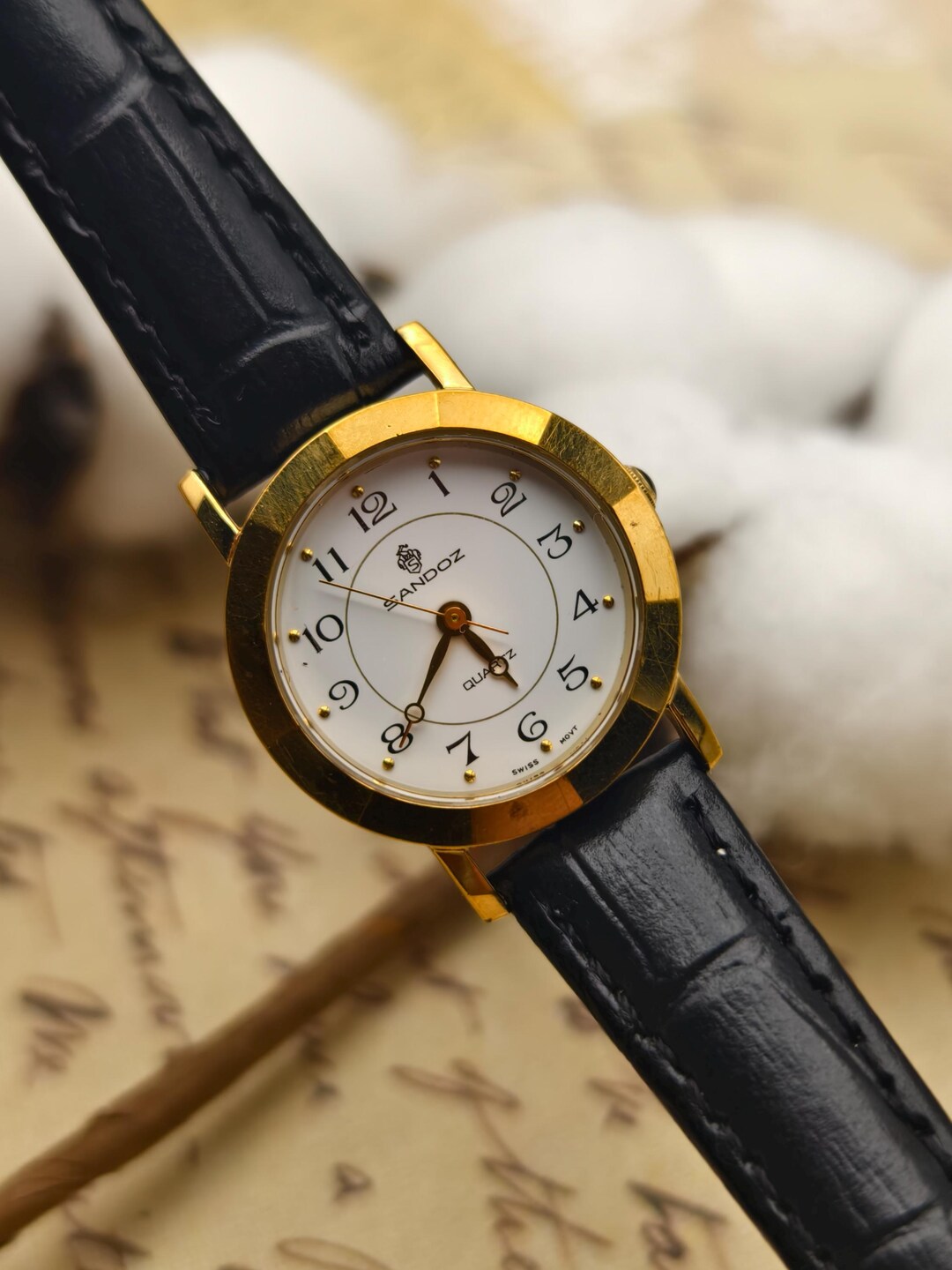 Sandoz Ladies Quartz Gold Tone Watch White Dial Black Leather Strap 24 ...