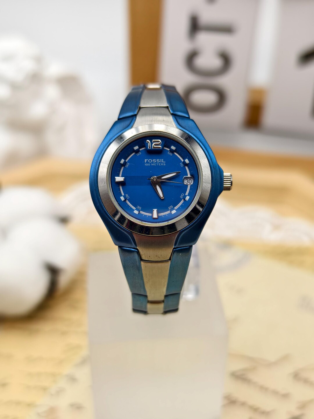 Vintage 2000s Fossil Ladies Quartz Watch Blue Dial Two-tone Steel 100M ...