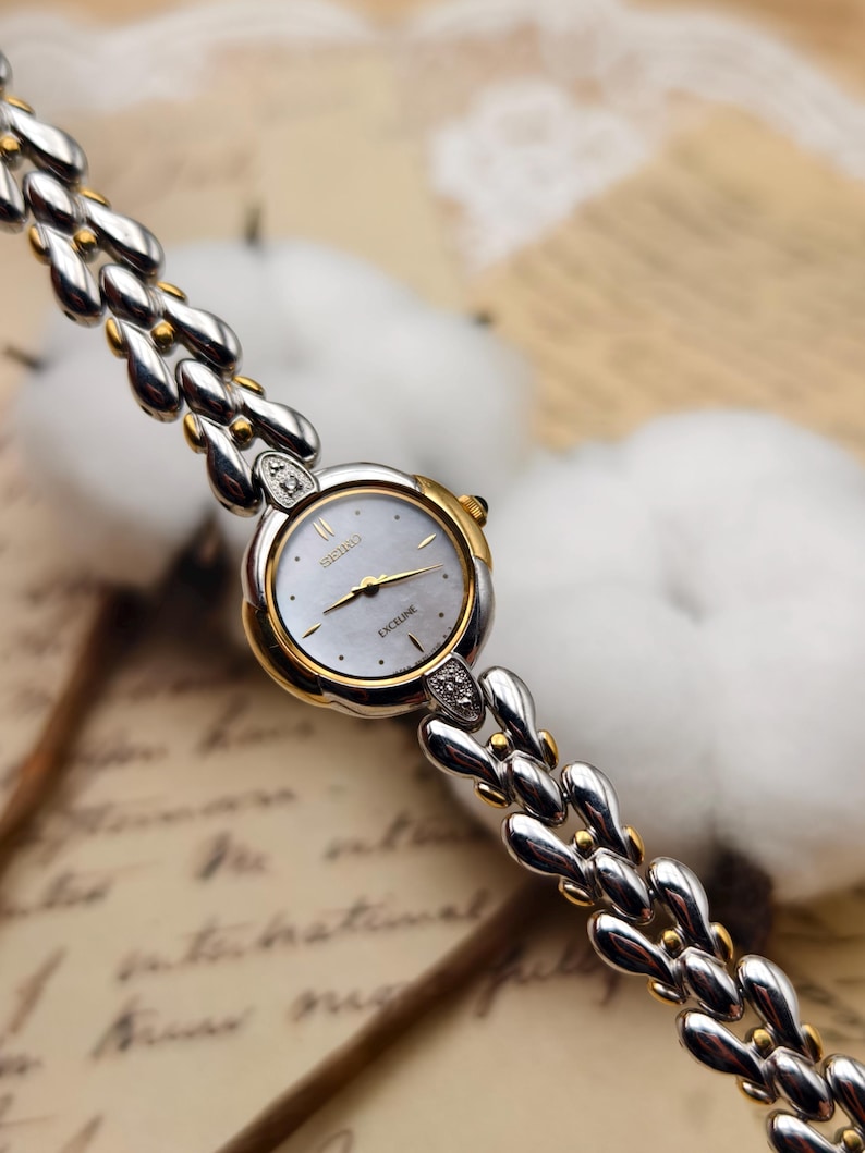 Vintage Seiko Exceline Two-tone Watch, Mother of Pearl Dial, Diamond ...