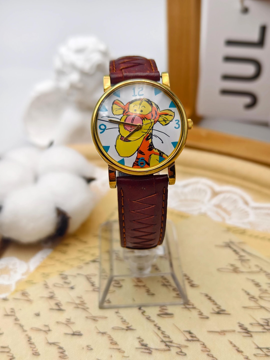 Vintage 1990s Tigger Disney Ladies Quartz Gold Tone Watch Leather Strap ...