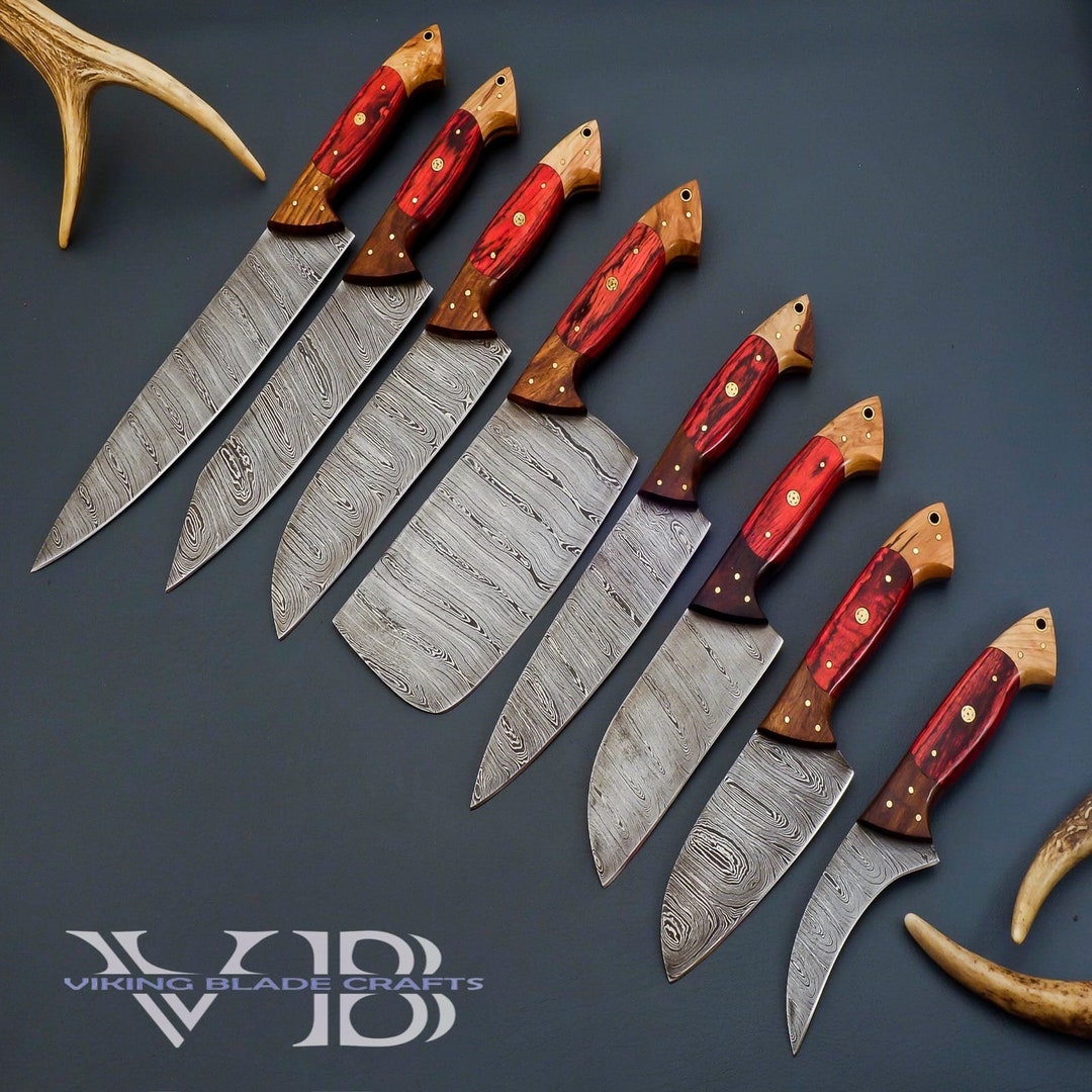 8 Pcs Custom Handmade Forged Damascus Steel Chef Knife Set, Kitchen ...