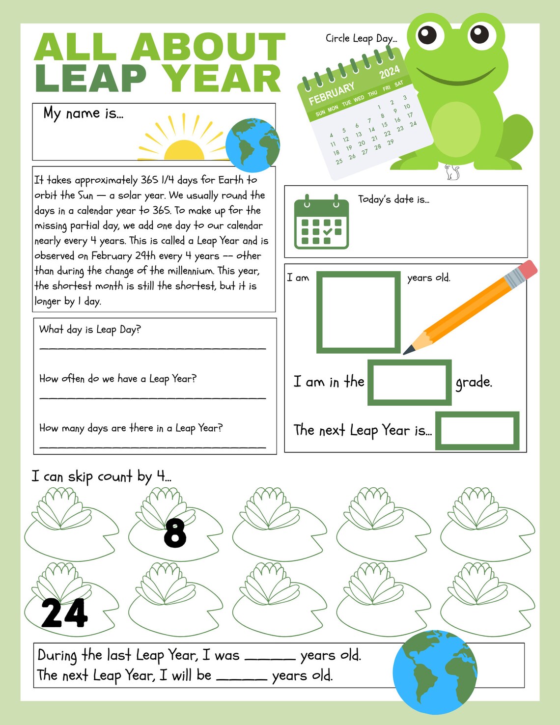 Leap Year Activity Sheet Printable PDF or Image File - Etsy