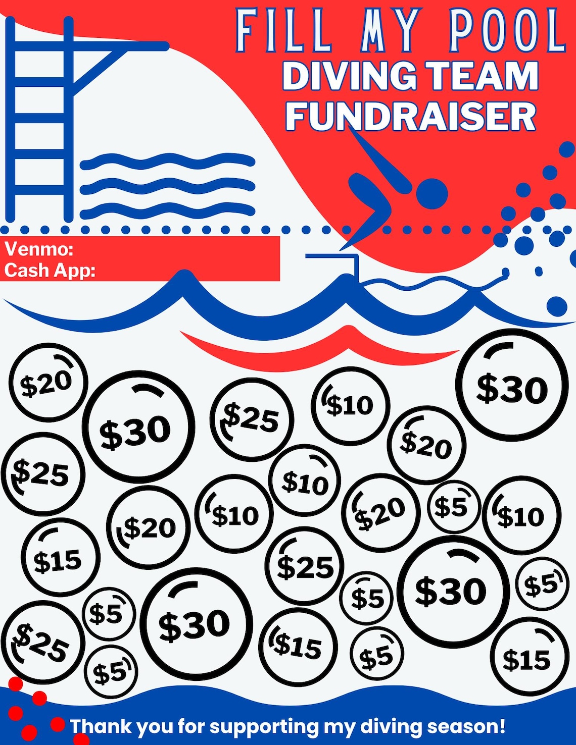 Swim & Dive Team Fundraiser: Fill My Pool, Pledge Tracker (canva ...