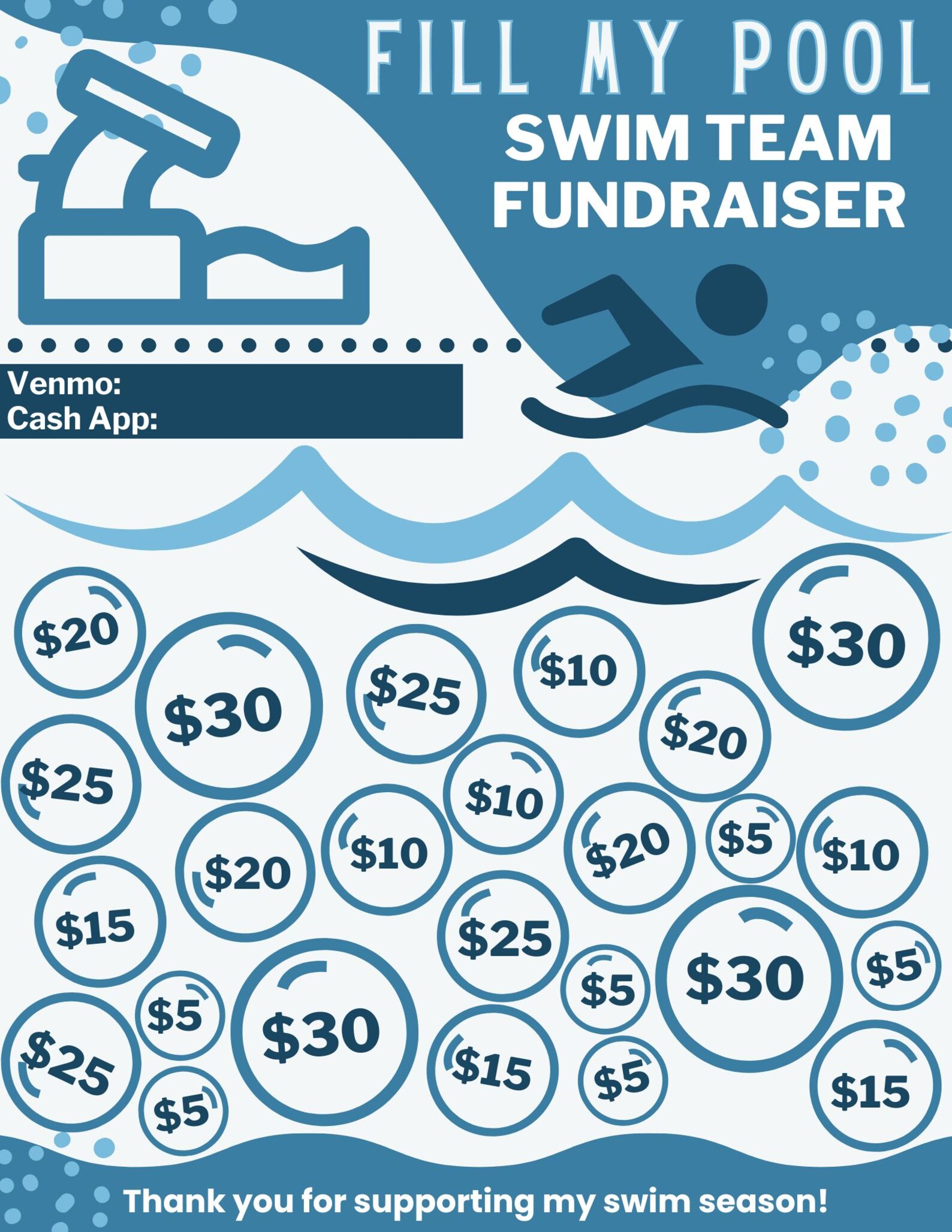 Swim & Dive Team Fundraiser: Fill My Pool, Pledge Tracker (canva ...