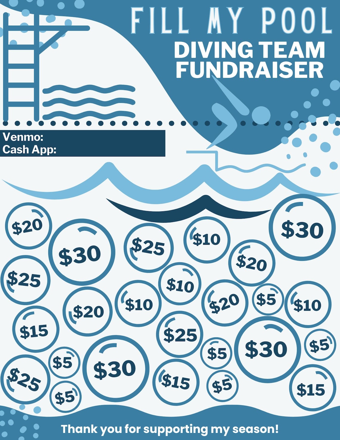 Swim & Dive Team Fundraiser: Fill My Pool, Pledge Tracker (canva ...