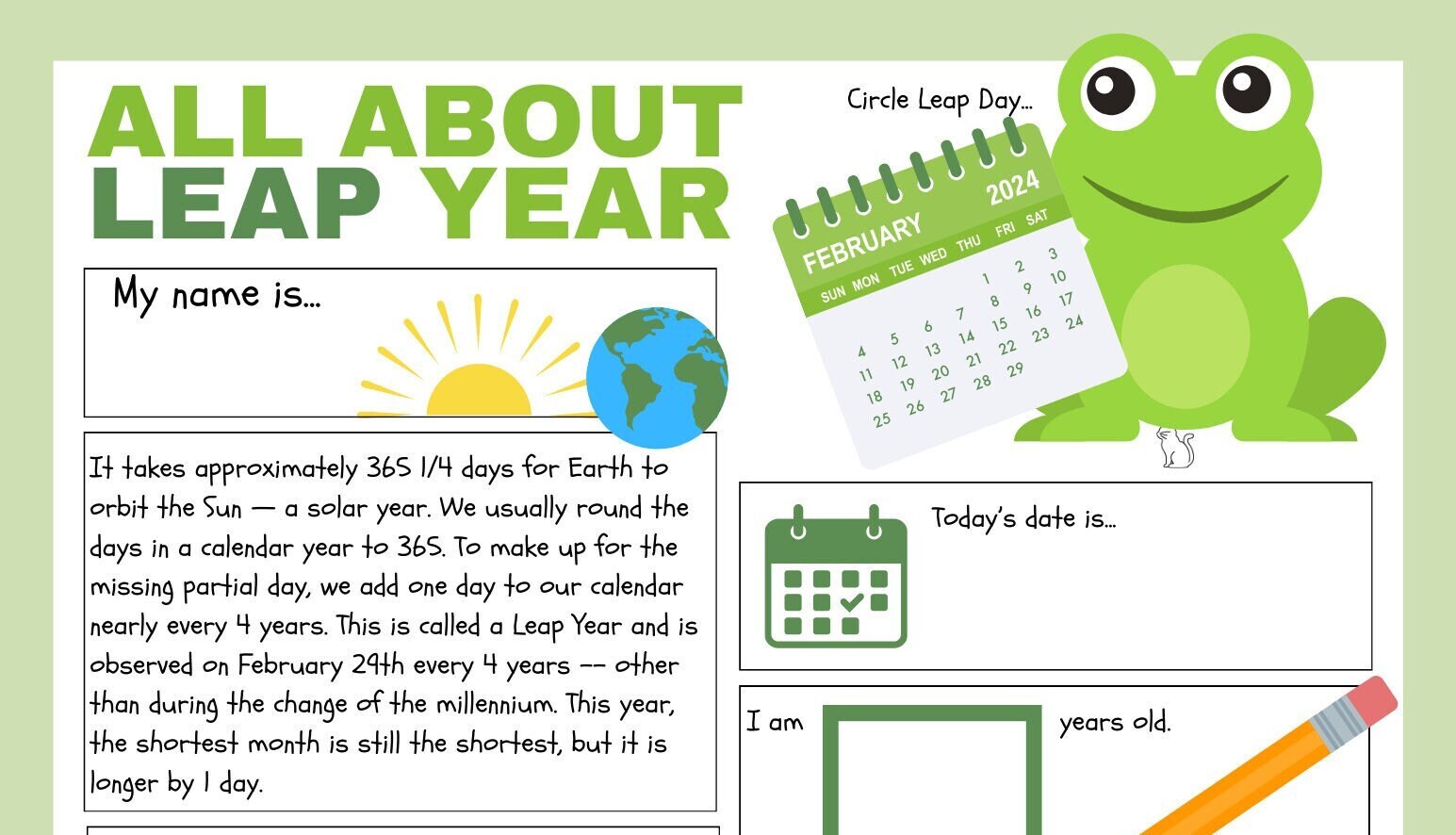 Leap Year Activity Sheet Printable PDF or Image File - Etsy