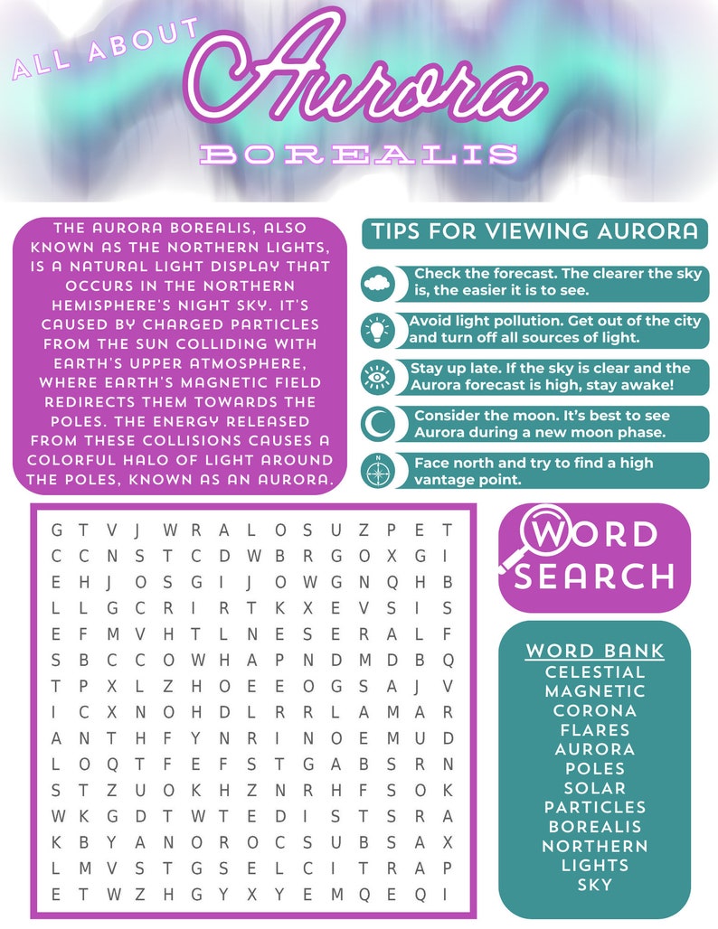 Aurora Borealis Northern Lights Printable Activity Worksheet PDF and ...