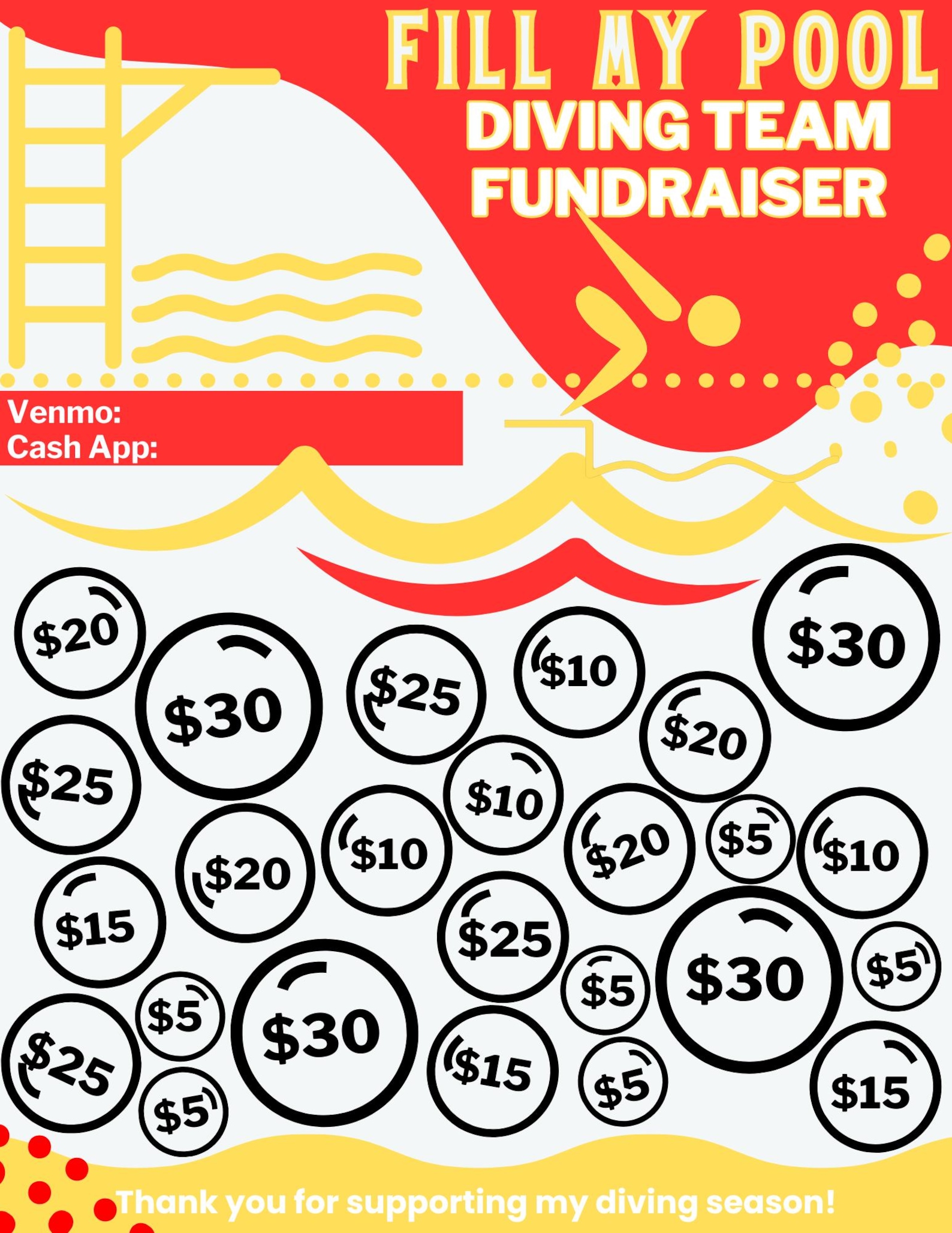 Swim & Dive Team Fundraiser: Fill My Pool, Pledge Tracker (canva ...