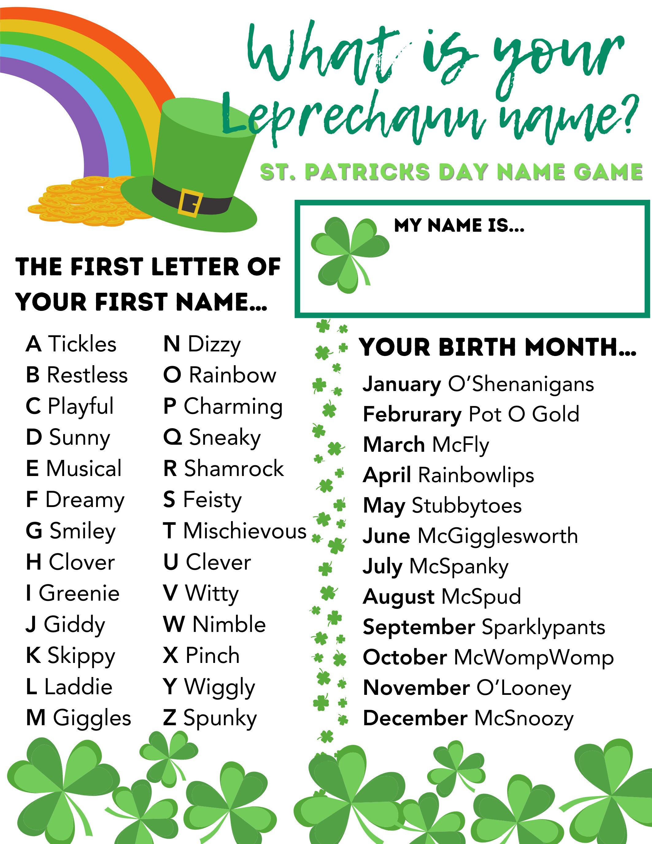 St. Patrick's Day Leprechaun Name Game - Etsy