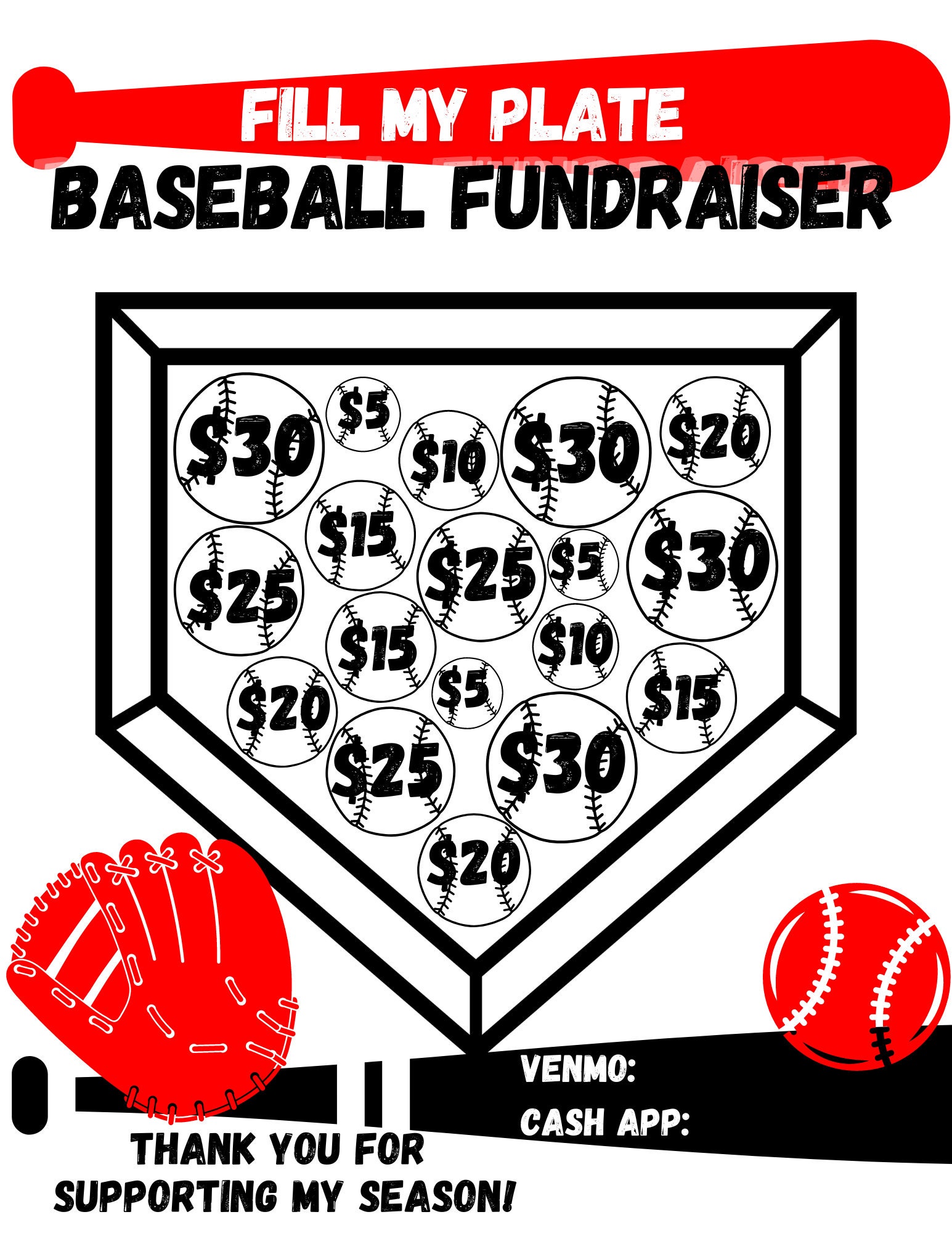 Printable Baseball Fundraiser | "fill My Plate" Customize in Canva ...