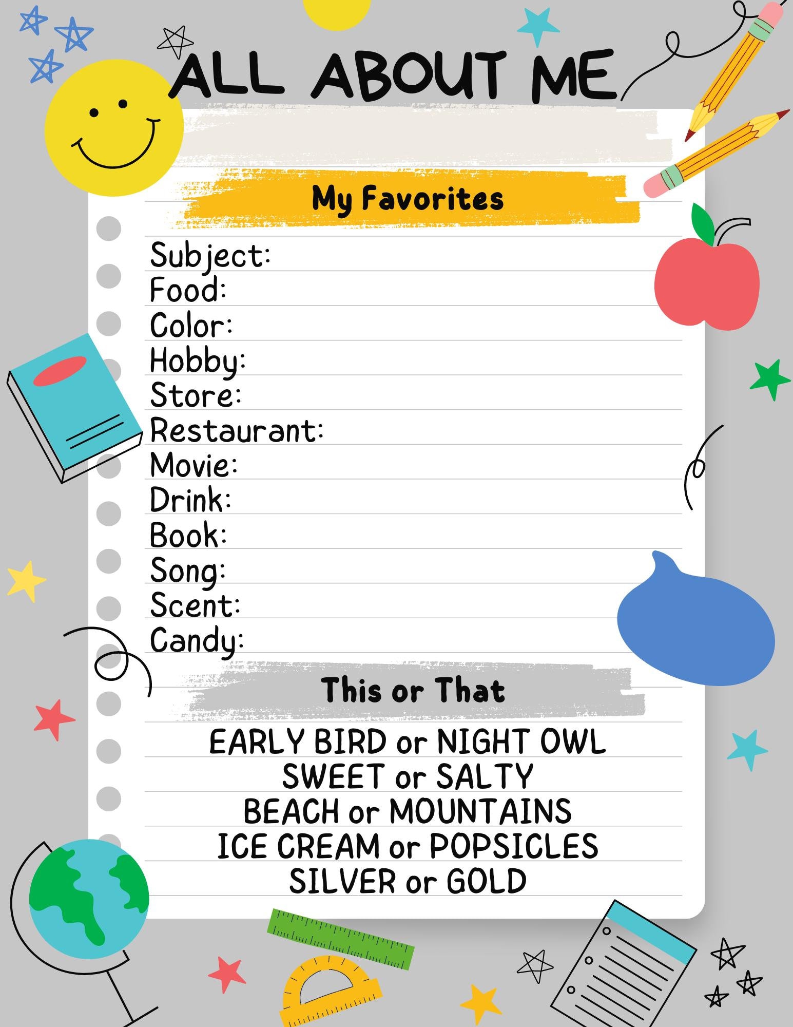 All About Me Printable Worksheet | School Activity | Getting to Know ...