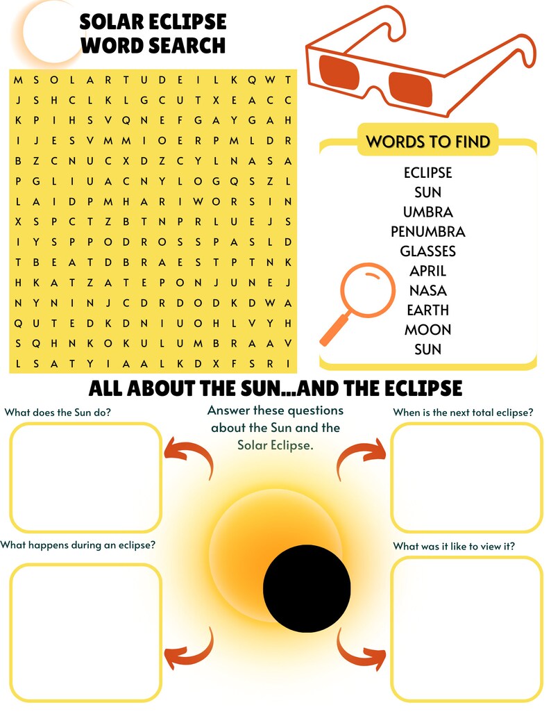 Solar Eclipse Printable 3 Page Worksheet for Total Eclipse on April 8 ...