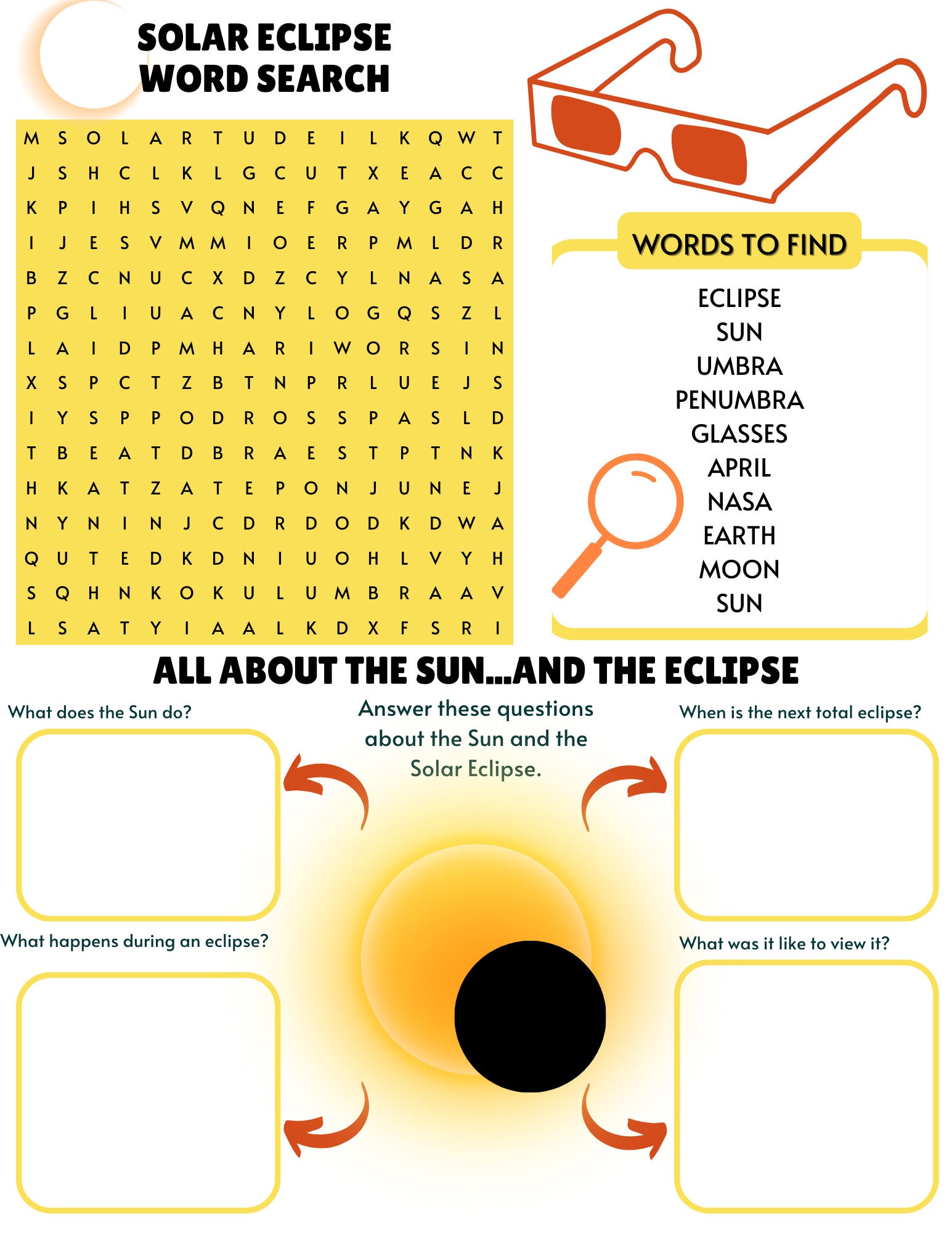 Solar Eclipse Printable 3 Page Worksheet for Total Eclipse on April 8 ...