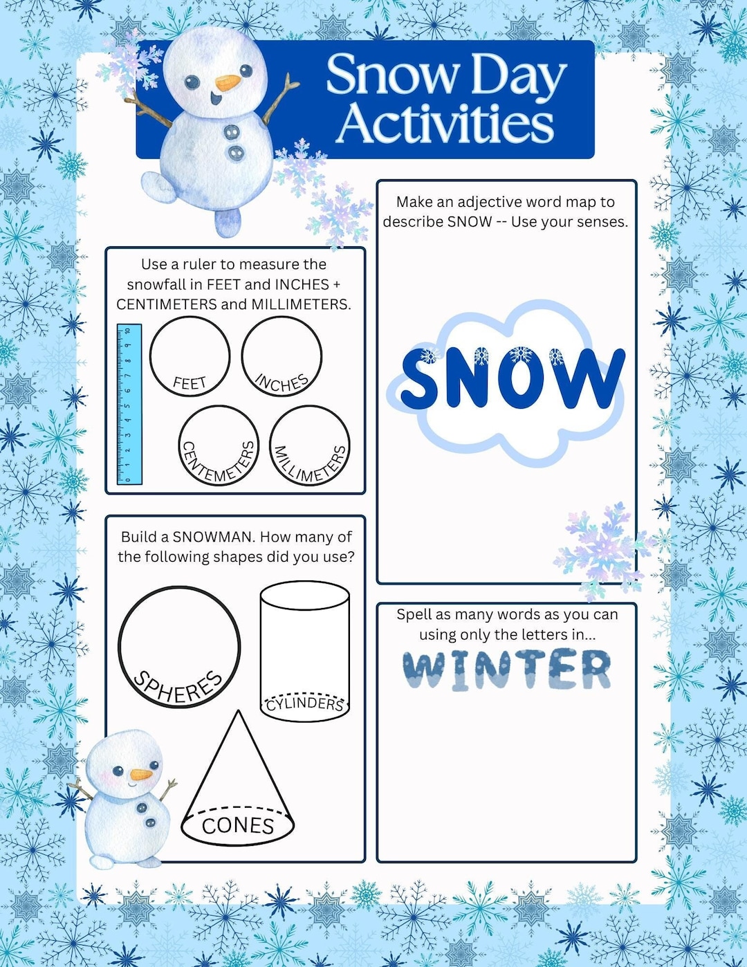 Snow Day Winter Activity Packet | Worksheets for Kids, Families, School ...