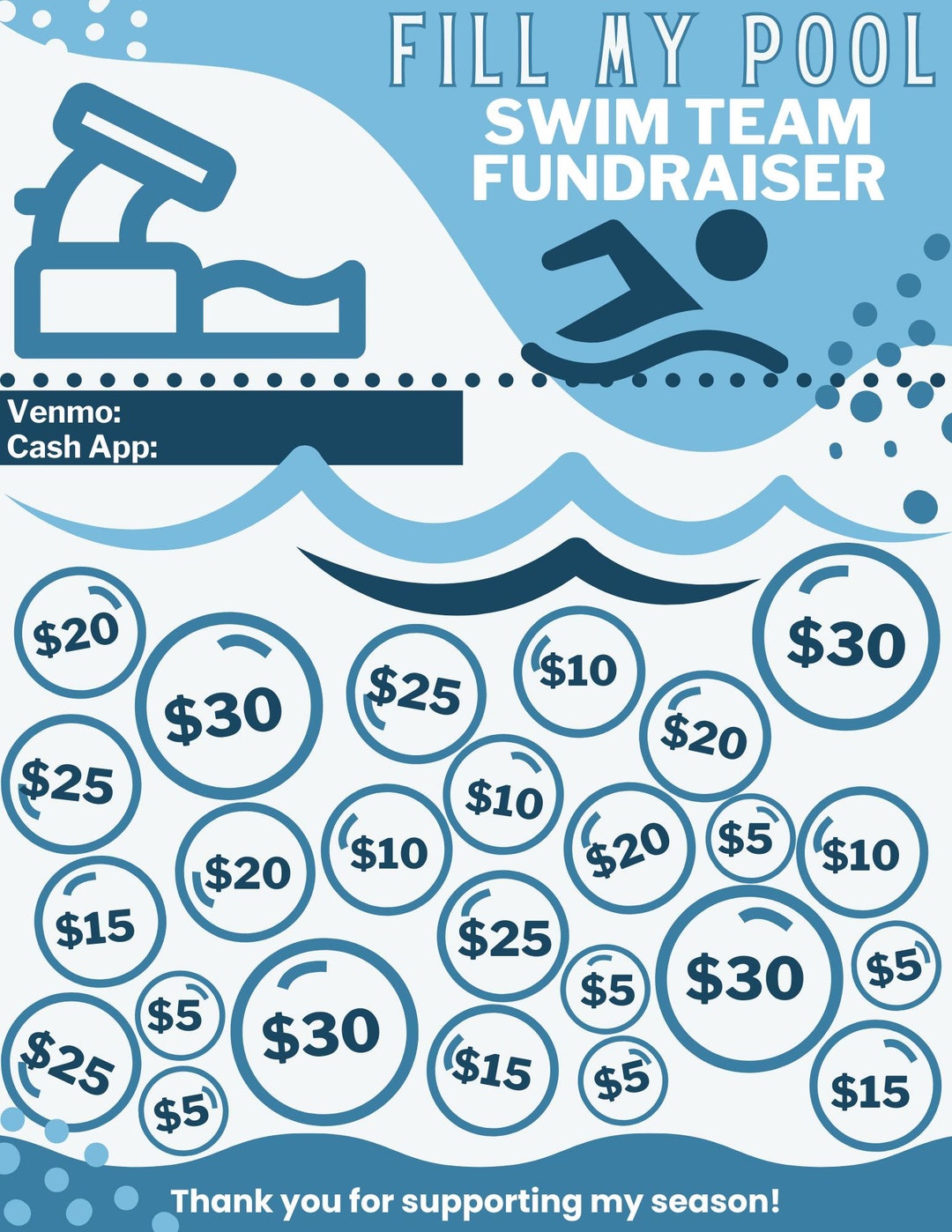 Swim & Dive Team Fundraiser: Fill My Pool, Pledge Tracker (canva ...