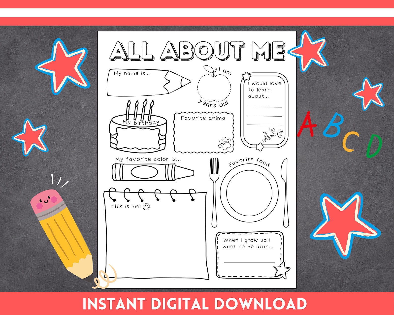 All About Me Printable, Back to School Worksheet Kids, Get to Know Me ...