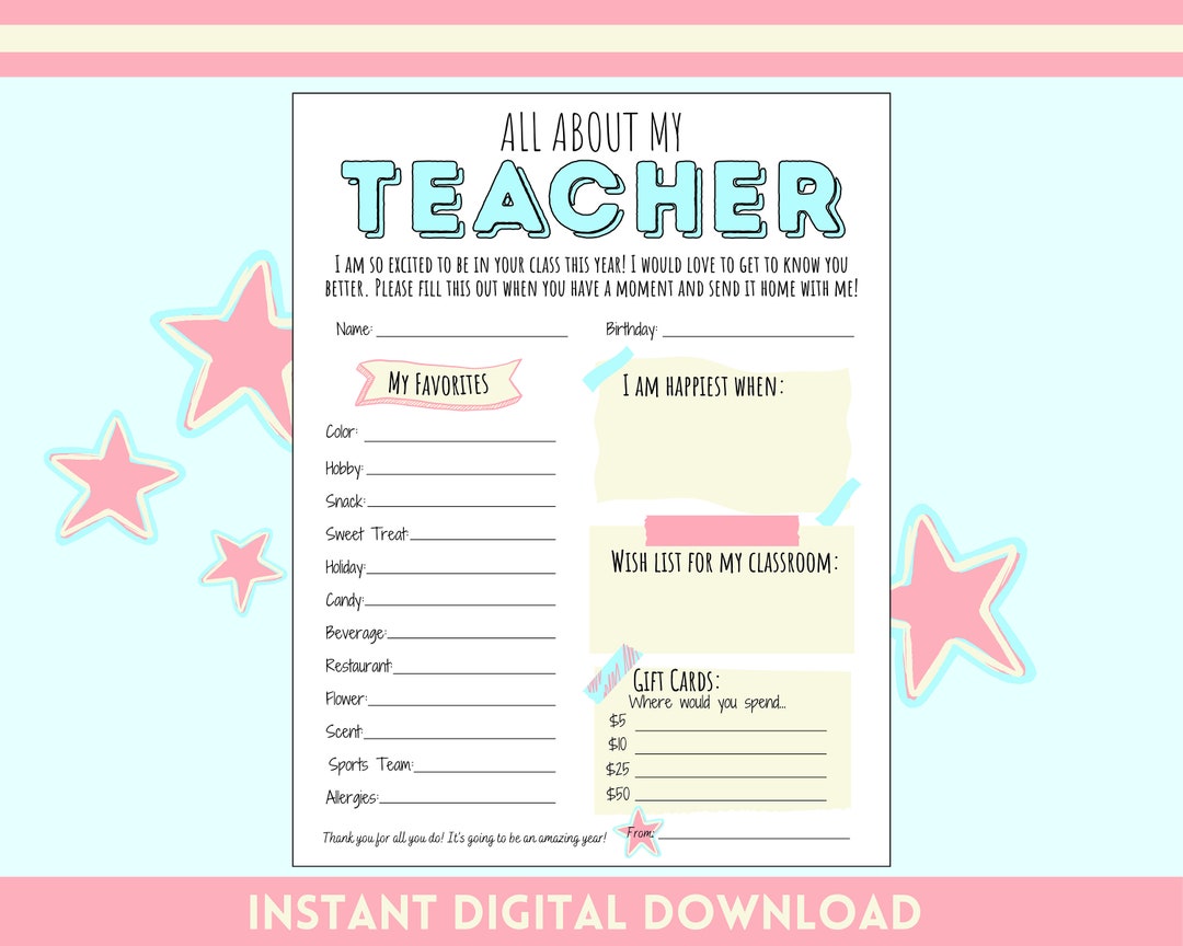 All About My Teacher, Teacher Favorite Things, Teacher Profile, First ...