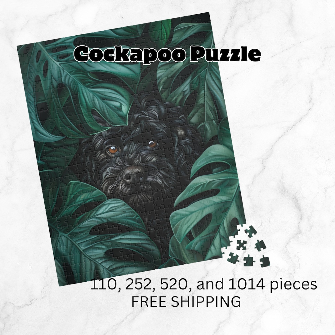 Black Cockapoo Dog in Monstera Leaves Jigsaw Puzzle, Dog Lover Puzzle ...