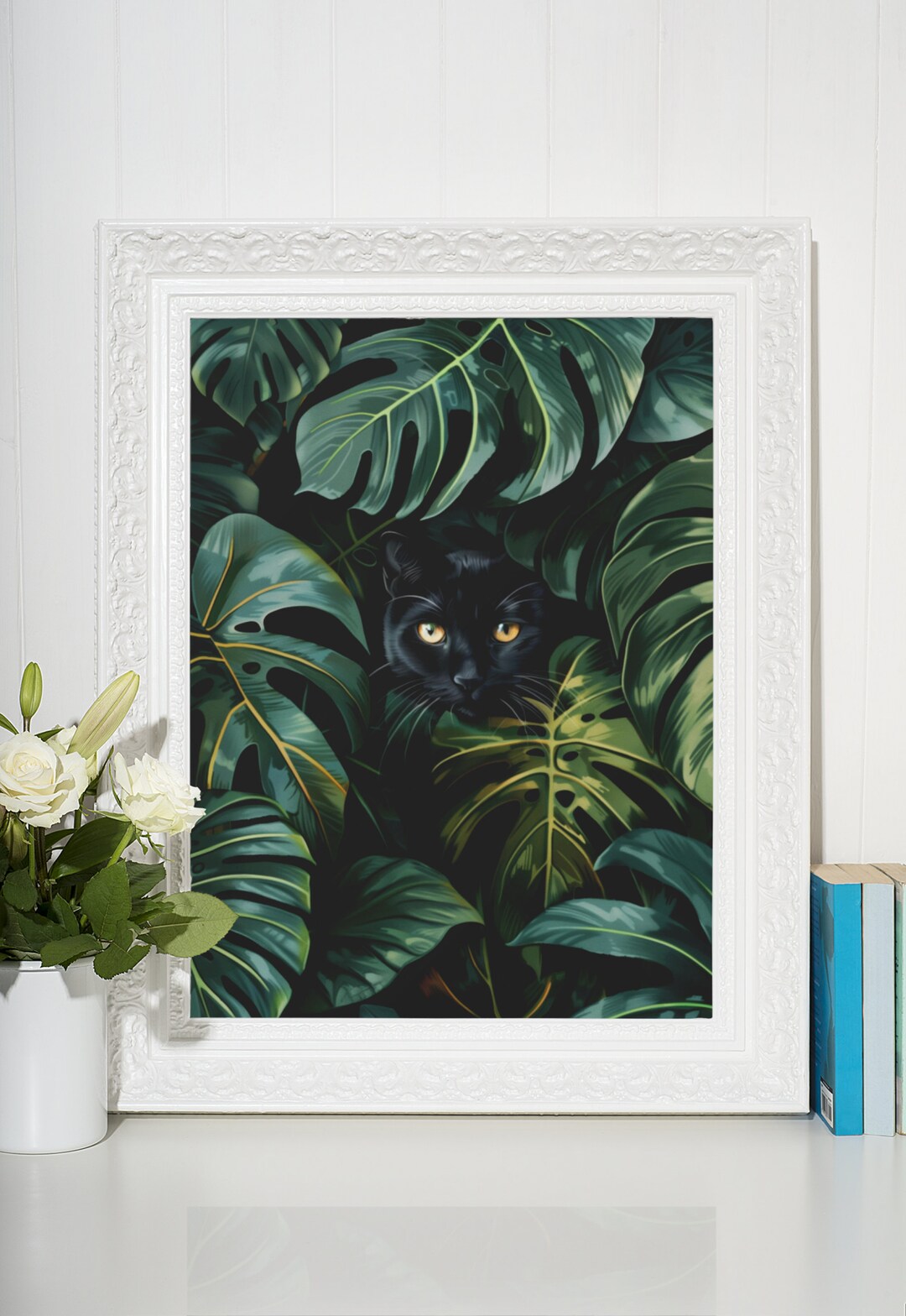 Black Cat in Monstera Leaves Poster, Kitty Poster, Cat Wall Decor, Fun ...