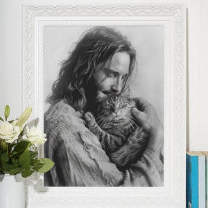Jesus Holding a Tabby Cat Poster, Cat Print, Pet Memorial Print, Christ ...