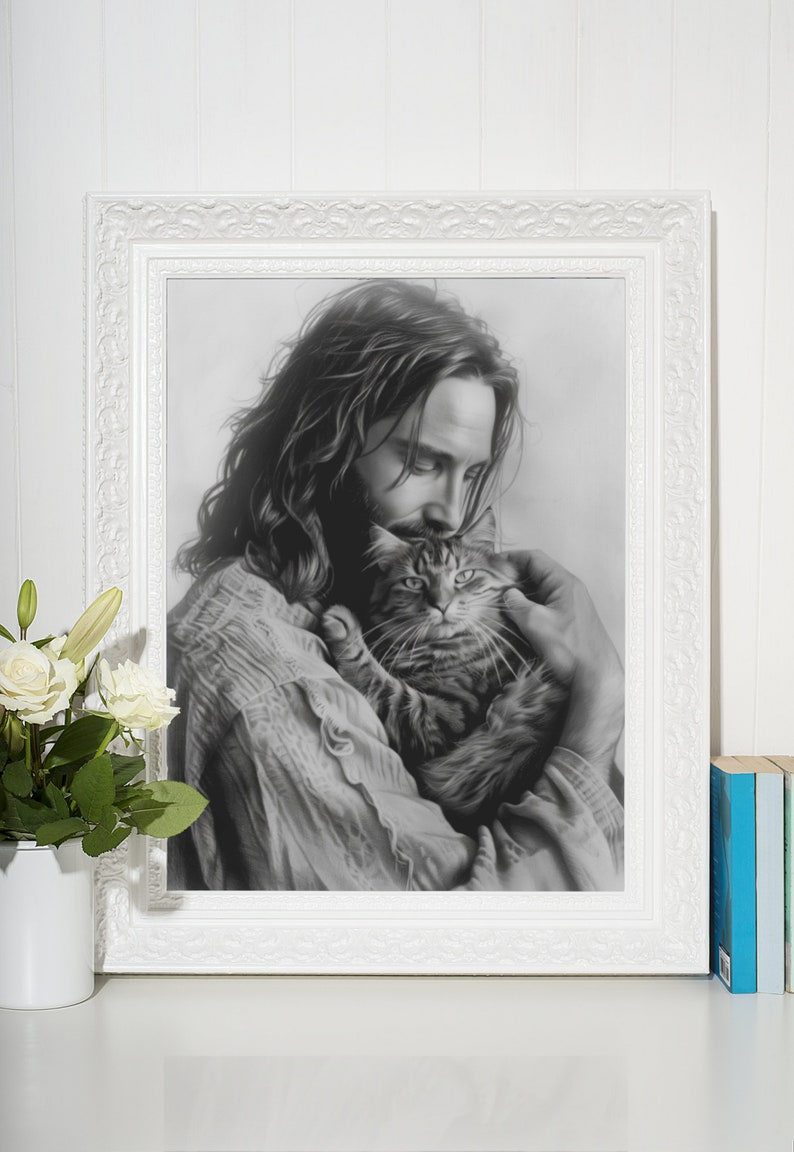 Jesus Holding a Tabby Cat Poster, Cat Print, Pet Memorial Print, Christ ...