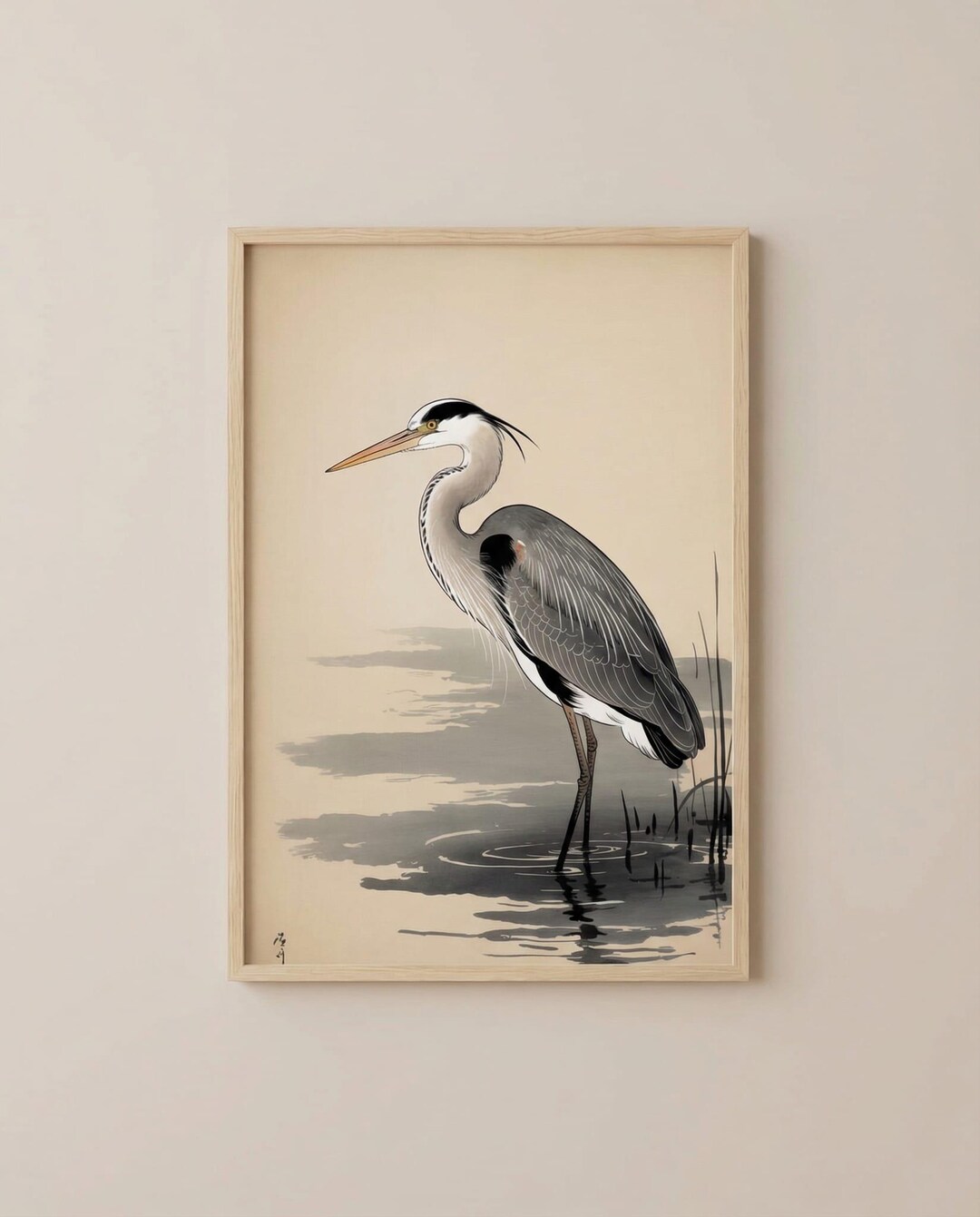 Japanese Heron Art Print | Sumi-e Ink Grey Heron Mist Poster | Zen Wall ...