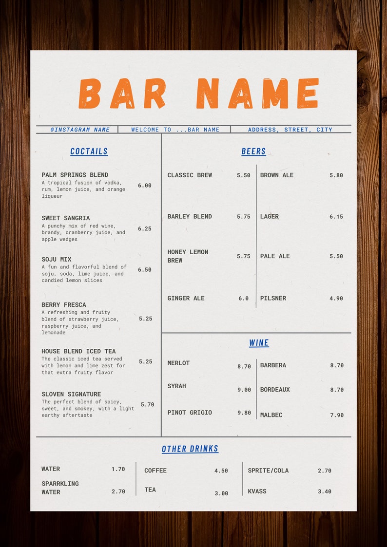 Modern Bar Menu Template | Drink Sign Menu Editable Template | Retro ...