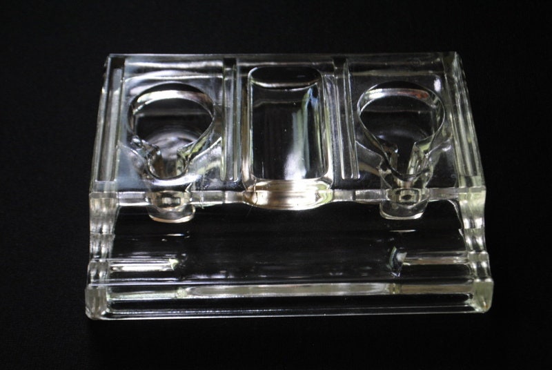 1940 Vintage , Pressed , Heavy Clear Glass Dual Inkwell With Pen Rest ...