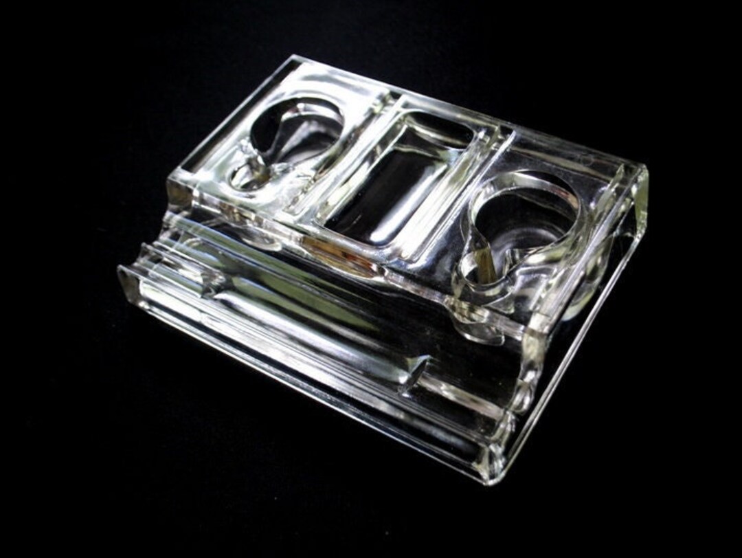 1940 Vintage , Pressed , Heavy Clear Glass Dual Inkwell With Pen Rest ...