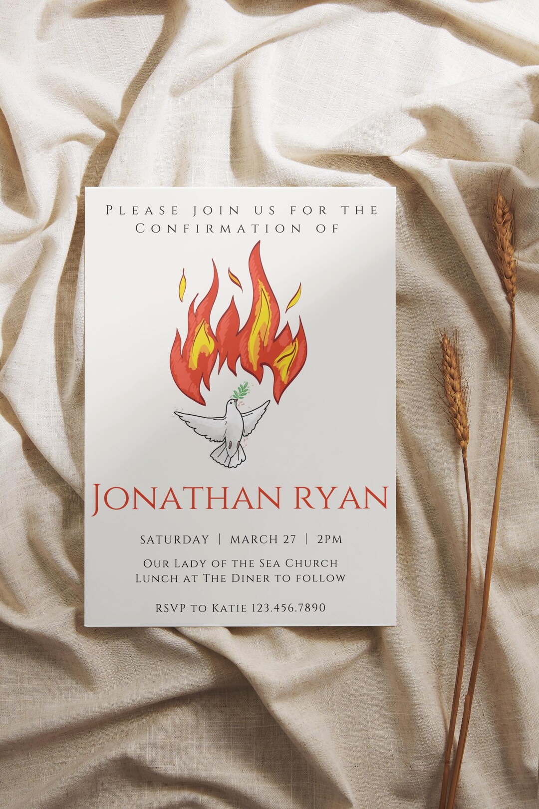 Dove and Flame Confirmation Invitation Template, Editable Canva Evite ...